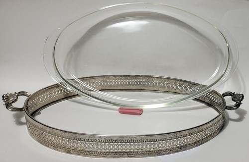 Vintage Silver Plated Tray With 3qt Oval Pyrex Clear Glass Insert 18"× ...