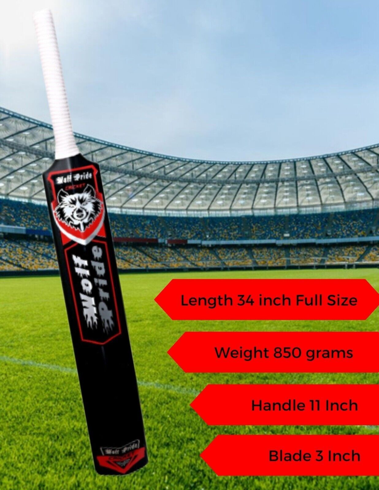 WOLF PRIDE Retro P Blue/W Black Hard Plastic Cricket Bat Size 8 (34"X4 ...