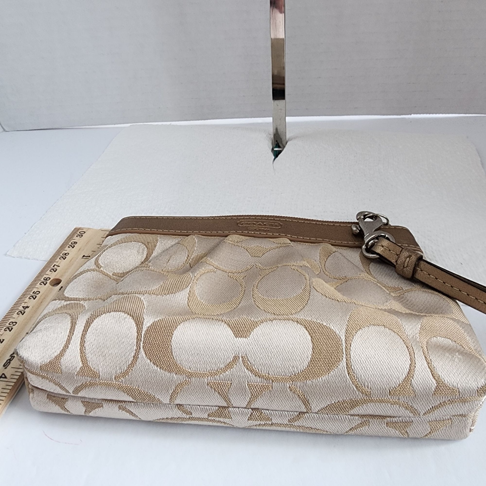 Coach Wristlet Signature Gold Beige Fabric & Leather Handbag Blue Satin ...
