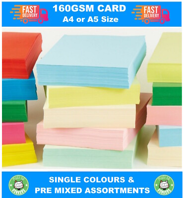 A5 OR A4 Coloured Card 160gsm ~ Plain Craft Sheets Pick Size Colour ...