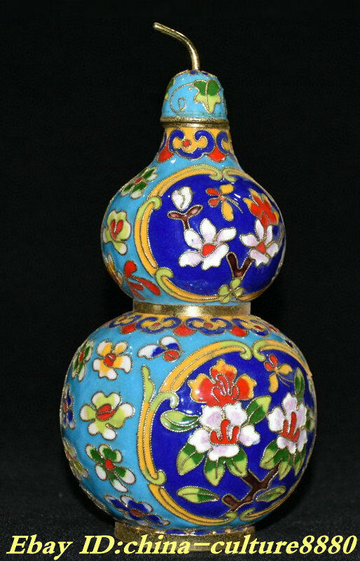 7" Old China Cloisonne Enamel Purple Bronze Flower Pattern Gourd Bottle ...