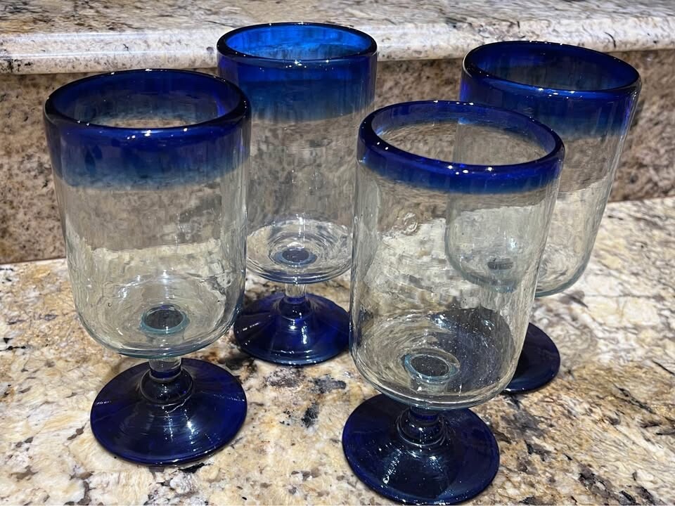 Vintage Hand Blown Mexican Glass Goblets Cobalt Blue Rim And Base Set ...