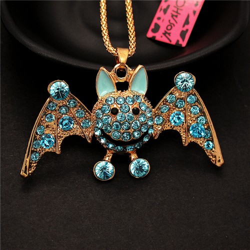 Fashion Women Charm Blue Crystal Smiling Bats Rhinestone Pendant Chain ...