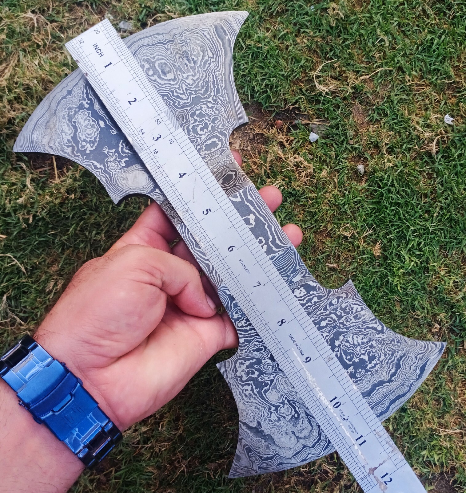 UNIQUE DAMASCUS STEEL DOUBLE EDGE HATCHET AXE HEAD CUSTOM HAND FORGE ...