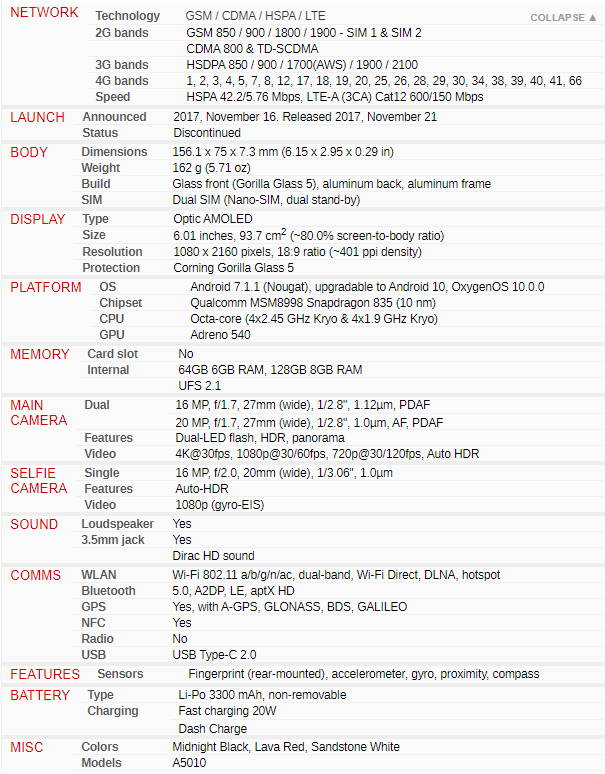 4G LTE Octa-core OnePlus 5T 64GB / 128GB ROM Android Cell Phone Dual ...