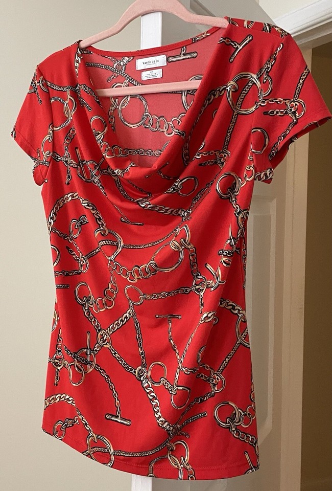 Van Heusen Top Red Gold Chain Artsy Draped Stretch Women's Small | eBay