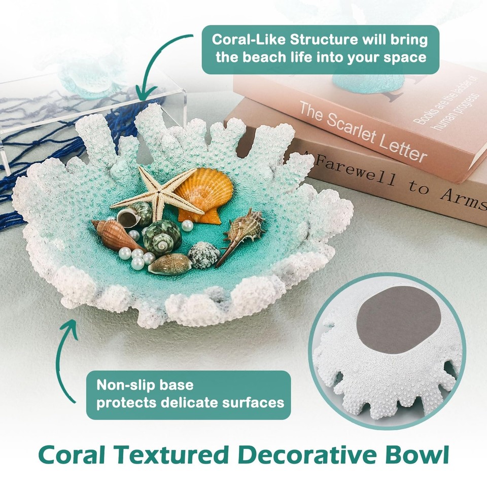 TURQUOISE CORAL TEXTURED DECORATIVE BOWL9.45" MEDIUM RESIN DECORATIVE ...