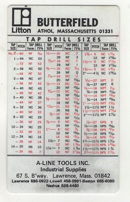 LITTON BUTTERFIELD ATHOL MA TAP DRILL SIZES A LINE TOOLS INC LAWRENCE ...