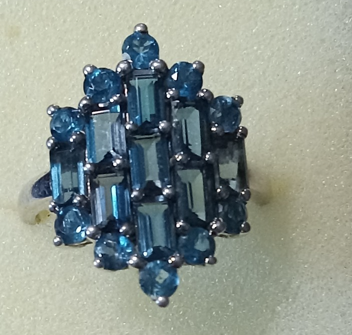 Blue topaz sterling cluster STS ring Beautiful sz 9 Round /Emerald cut ...