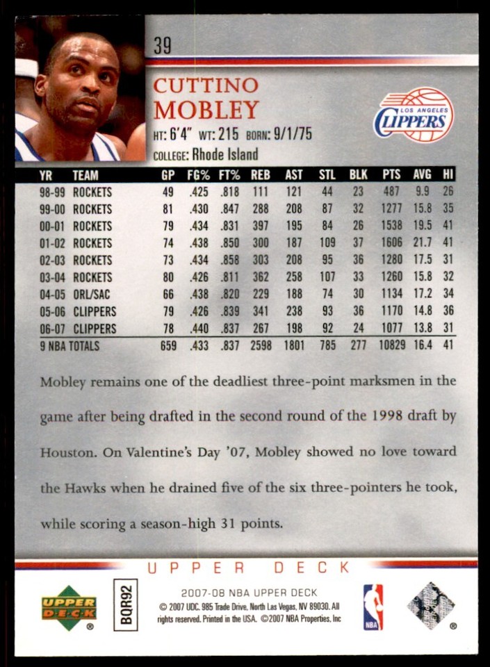 2007-08 Upper Deck. Cuttino Mobley A Basketball Cards #39 | eBay