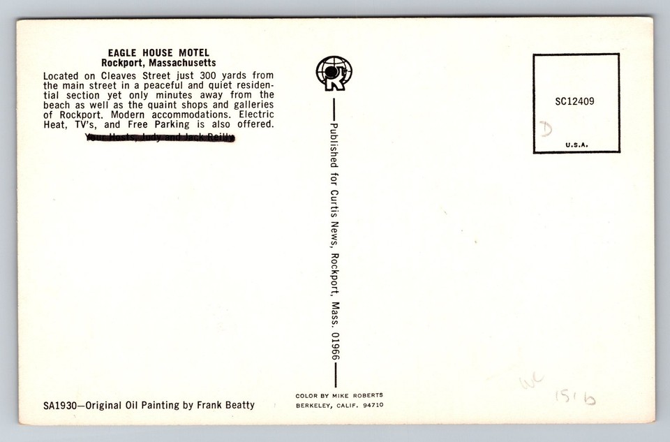 Eagle House Motel Rockport MA Postcard Frank Beatty Oil Painting 1966 ...