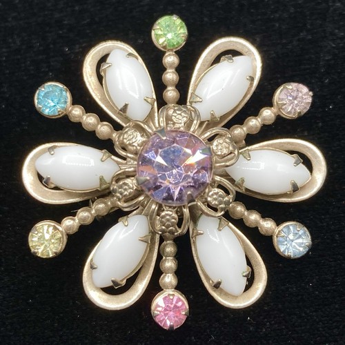 Vintage Milk Multicolor Rhinestone Gold Tone Flower Floral Brooch Pin ...