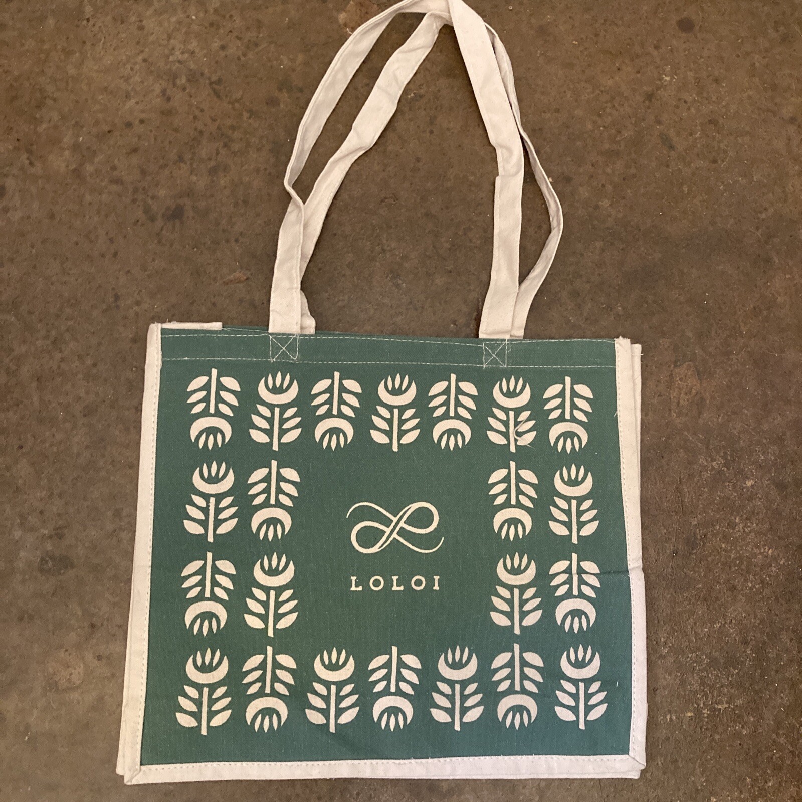 Loloi Logo Print Burlap Shopping Tote Market Bag Green Brown Tan 16” x ...