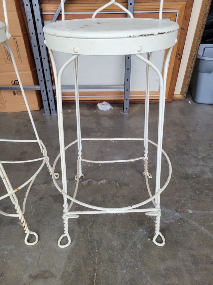 Pair Of Wrought Iron Ice Cream Parlor Chairs Bar Stools Heart Back ...