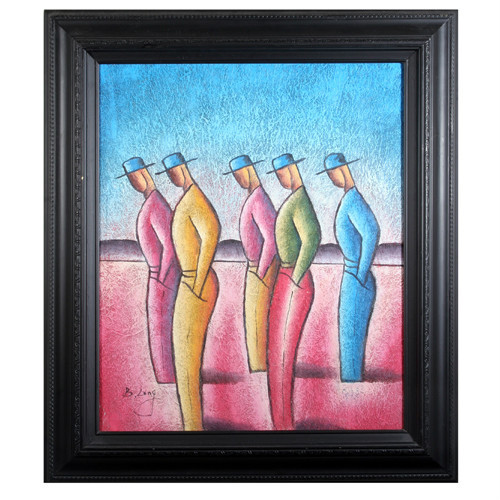 Untitled (Five Men Facing Left) By B. Long Signed Abstract Acrylic on ...