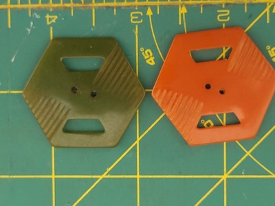 hexagonal Bakelite buttons carved 1 1/2" excellent 1 dk green 1 orange ...