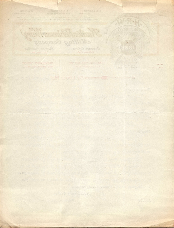 Hunter Robinson Wenz St Louis MO 1917 Letterhead Milling Company | eBay