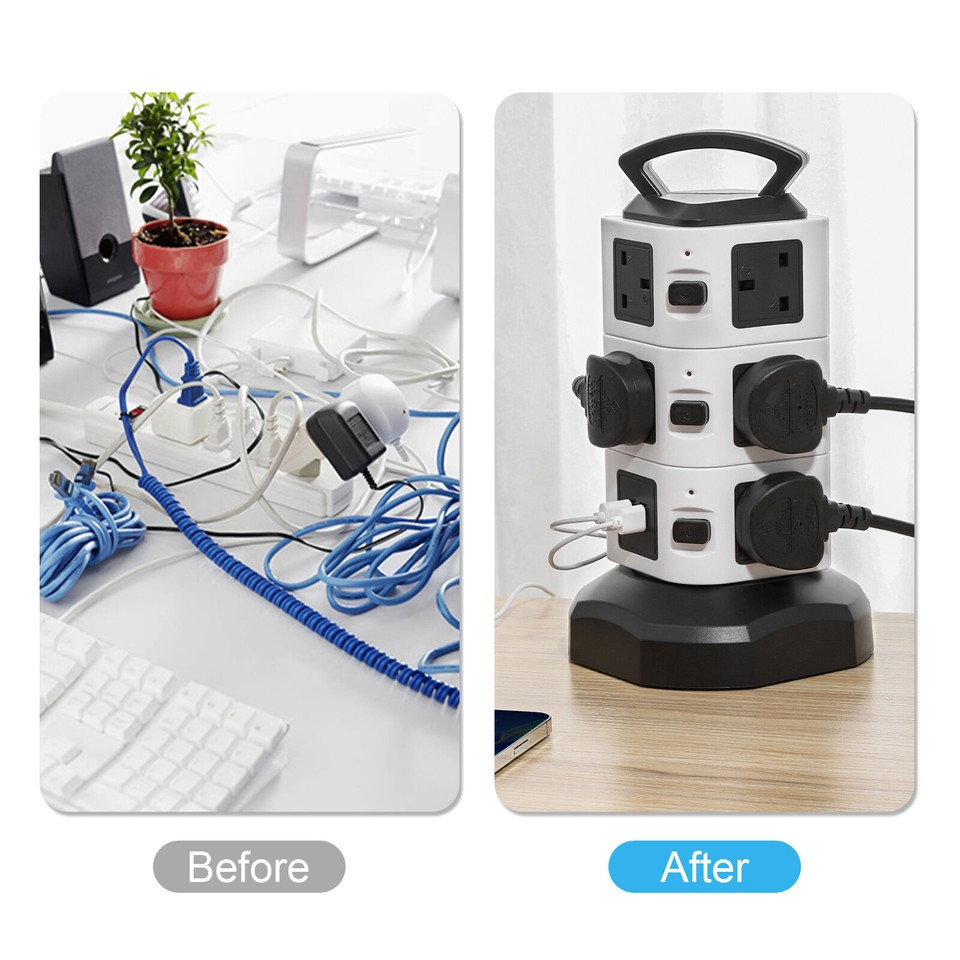 3/7/11/15 Way Extension Lead with USB Surge Protector 2 USB Port Power ...