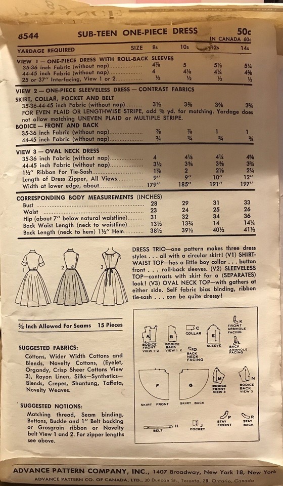 1950s Dress Vintage Advance Pattern 8544 Used Size-12 B-31 Sub Teen ...
