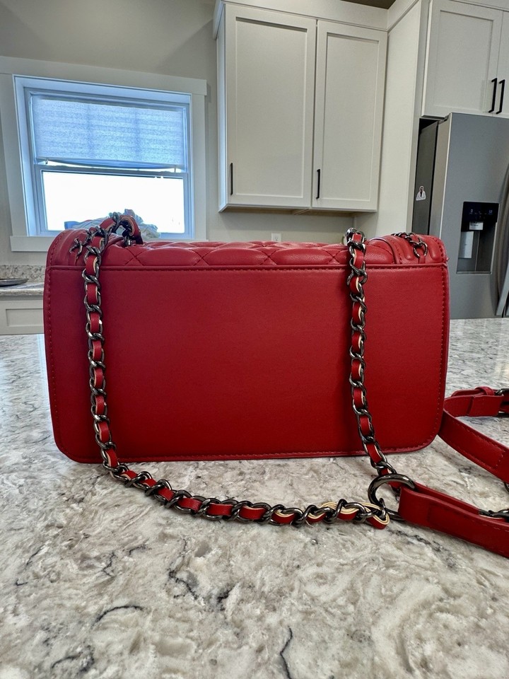 Badgley Mischka red quilted crossbody bag chain strap logo accent turn ...