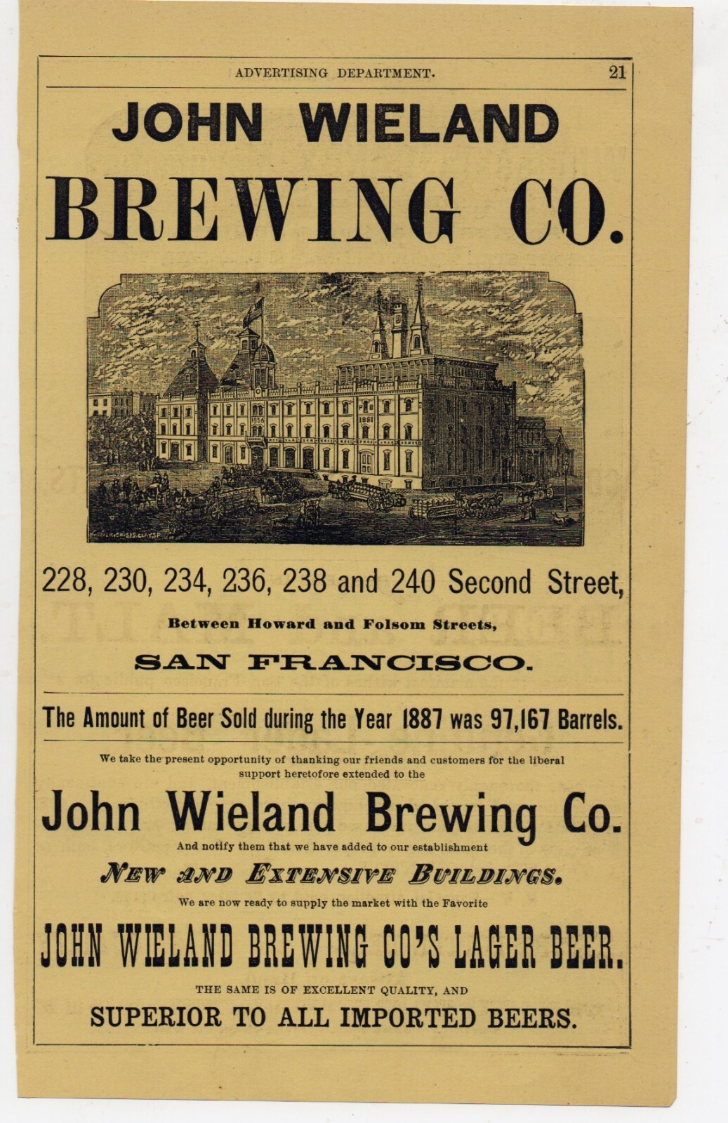 1887 Pre Pro Beer Advertisement w Factory John Wieland Brewing Co San ...