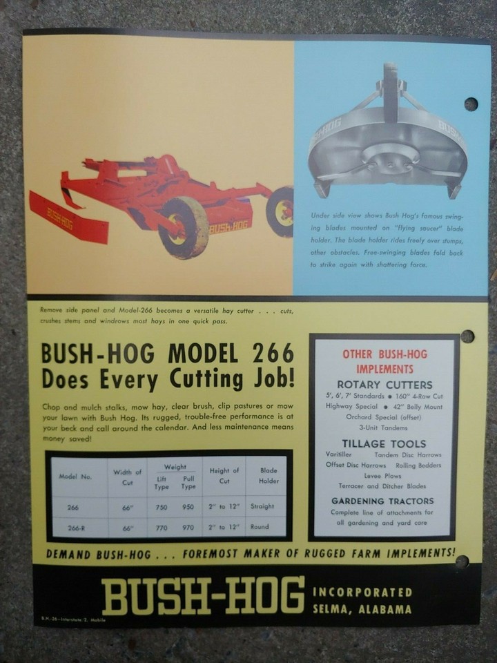 Vintage Original Bush Hog Model 266 Rotary Cutter 66-inch Swath Flyer ...