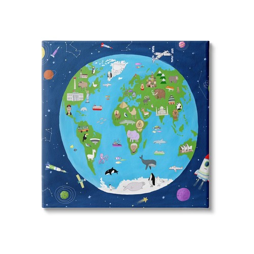 Children's Earth and Outer Space Map Animals Stars Canvas Wall Art, 17 ...