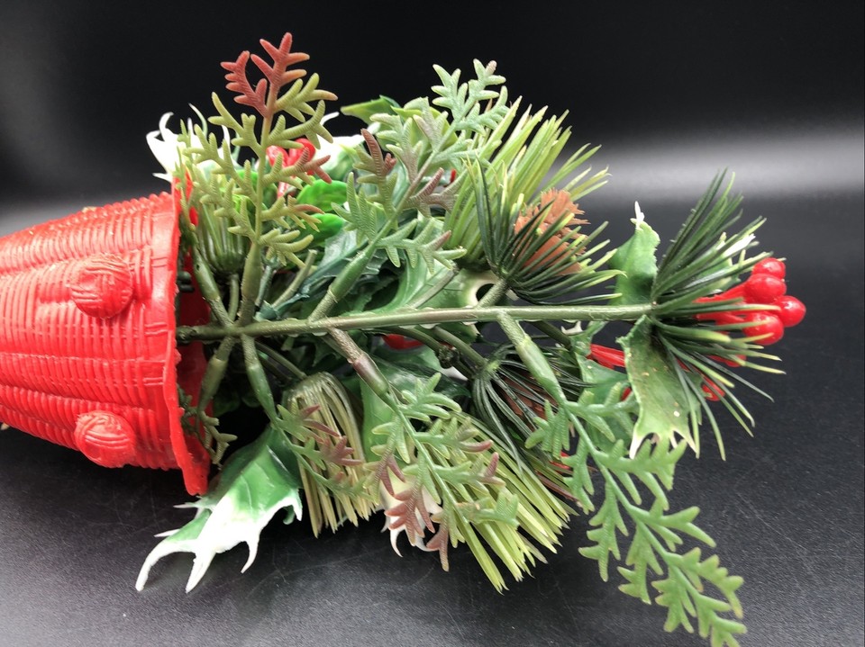 Vintage Christmas Red Plastic Cornucopia Variegated Glittered Holly ...