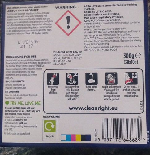 ASDA Limescale PREVENTER tablets for Washing Machine (10/20/Box of 30 ...