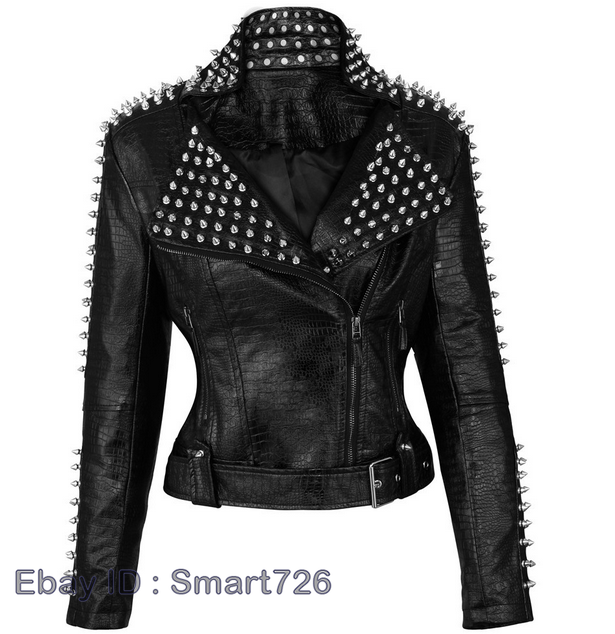 New Womens Punk Spike Studded Shoulder Faux Leather Jacket Coat ...