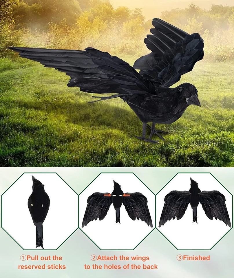 10pcs Halloween Crow Decor Handmade Realistic Black Feathered Lifesize ...
