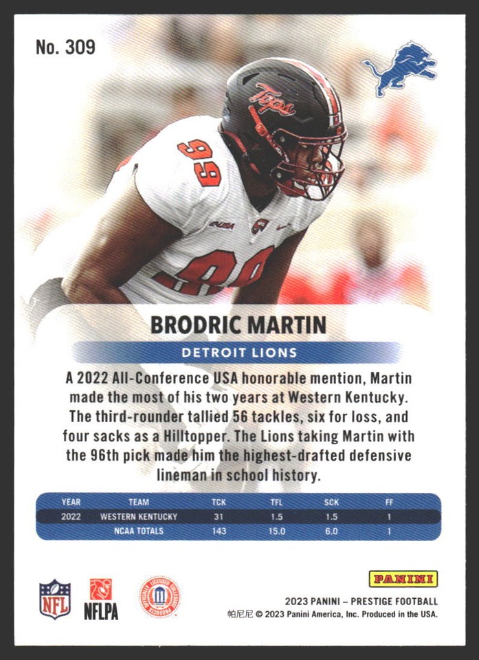 Brodric Martin #309 2023 Panini Prestige Detroit LionsRC Rookie | eBay
