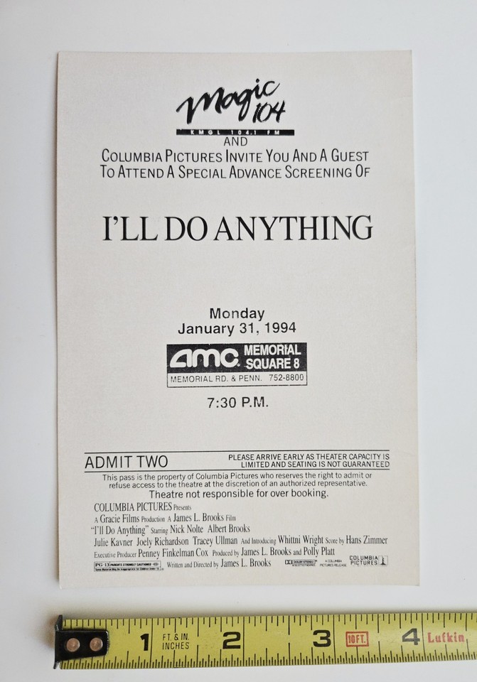 ORIGINAL 1994 I'LL DO ANYTHING MOVIE SCREENING TICKET NICK NOLTE FILM ...
