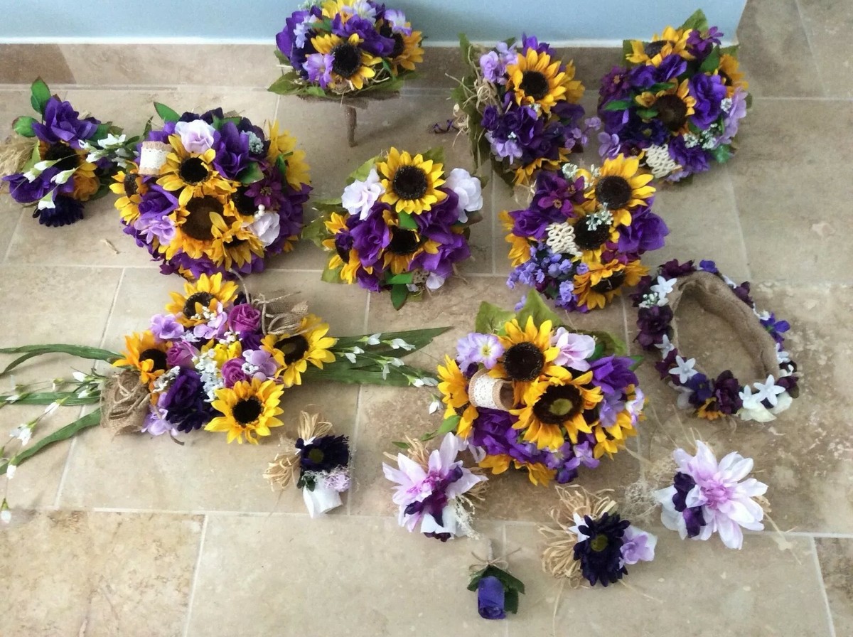 Sunflowers Fall Wedding Bouquets Red Purple Roses