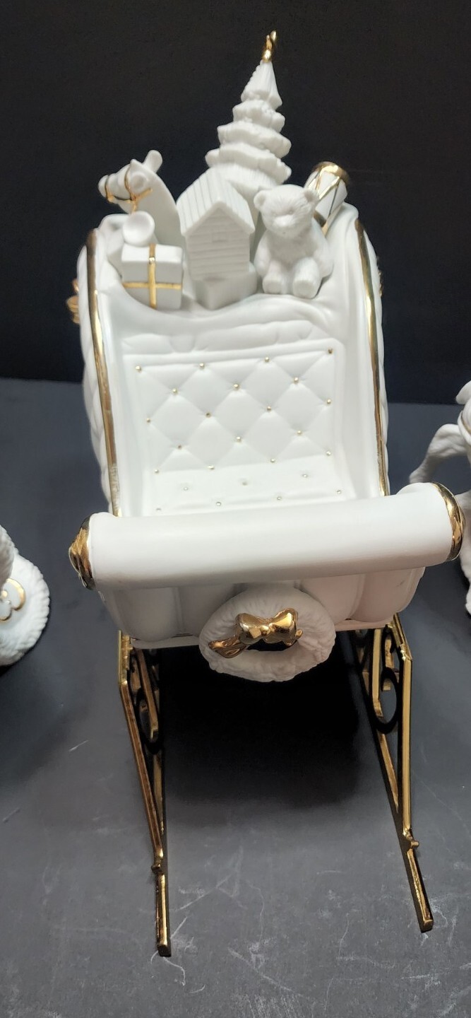 TRADITIONS White Porcelain Santa With Sleigh and Reindeer Gold colored ...