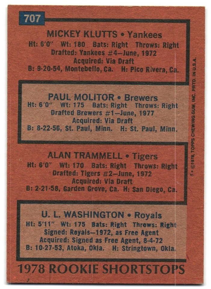 Paul Molitor & Alan Trammell 1978 Topps MLB Baseball Rookie Card # 707 ...