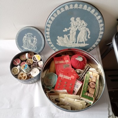 Vintage Lot of 2 Tin Boxes of Sewing Notions, Buttons, Thread, Needles ...