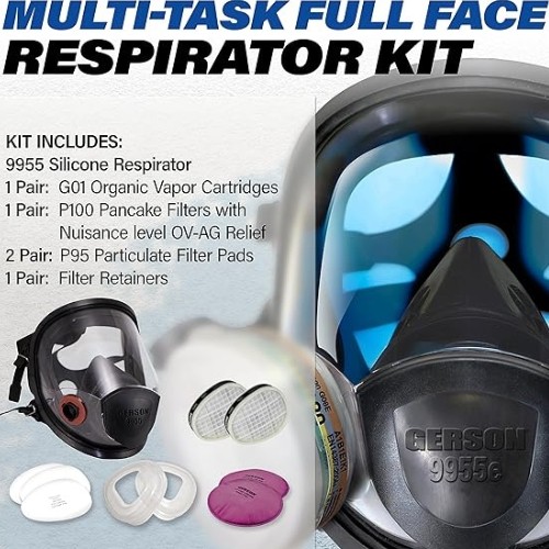 Gerson 089955-KIT2 Silicone Full Face Respirator Mask, Panoramic Lens ...