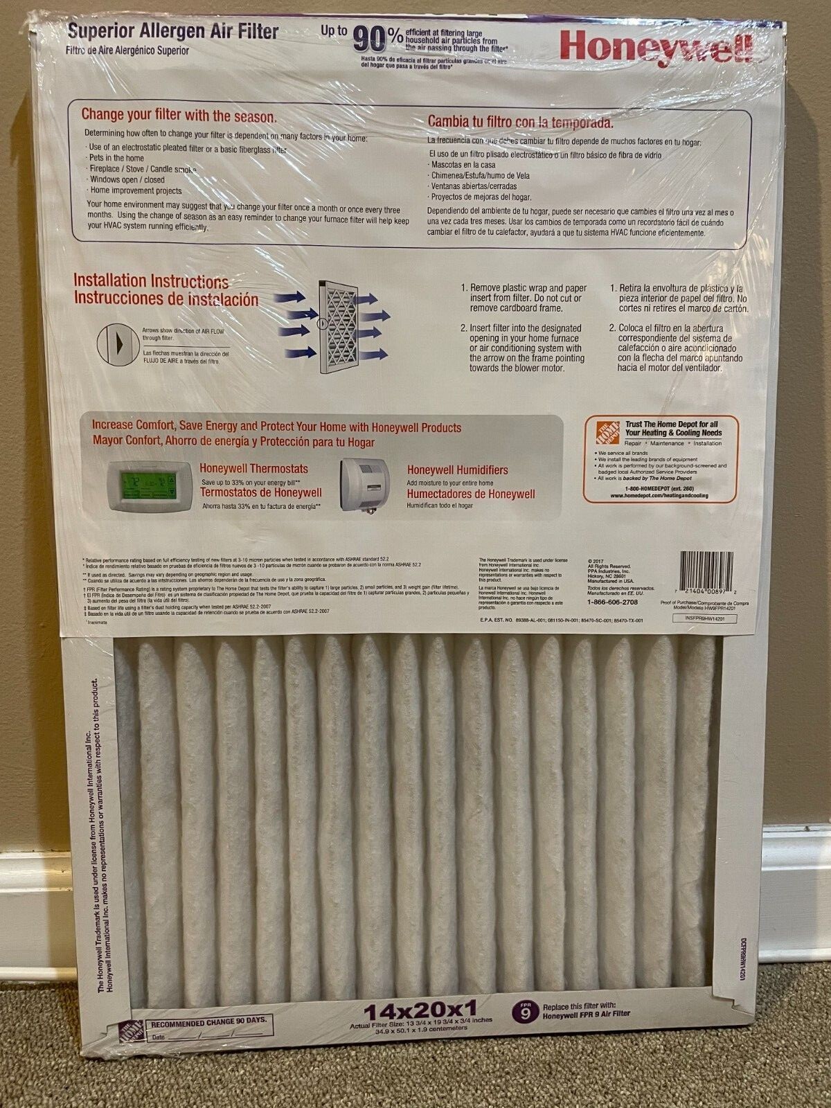 14 x 20 x 1, QTY 1 Honeywell Superior Allergen Filter FPR 9 Air Filter ...