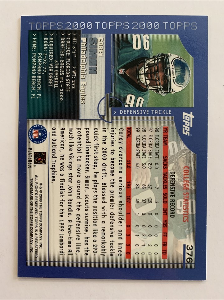 2000 NFL Topps Corey Simon Autograph Card 376 In Person M191 | eBay
