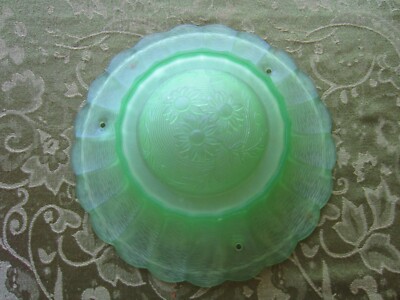 antique ART DECO 3 chain CEILING LIGHT FIXTURE SHADE in VASELINE ...