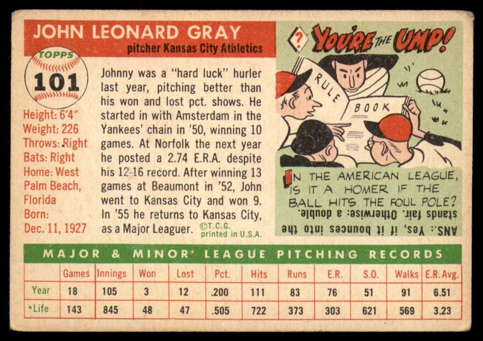 1955 Topps #101 Johnny Gray VG Very Good RC Rookie Athletics ID:103051 ...