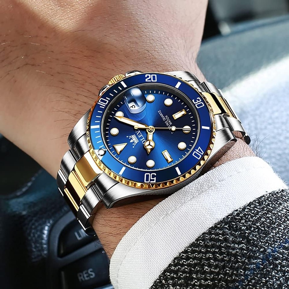 OLEVS Watches for Men with Date Luxury Big Face Gold Blue Watch | eBay