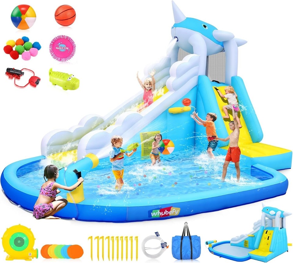 Blow Up Bouncer Water Park with Narwhal Waterfall Rush Slide & Large ...