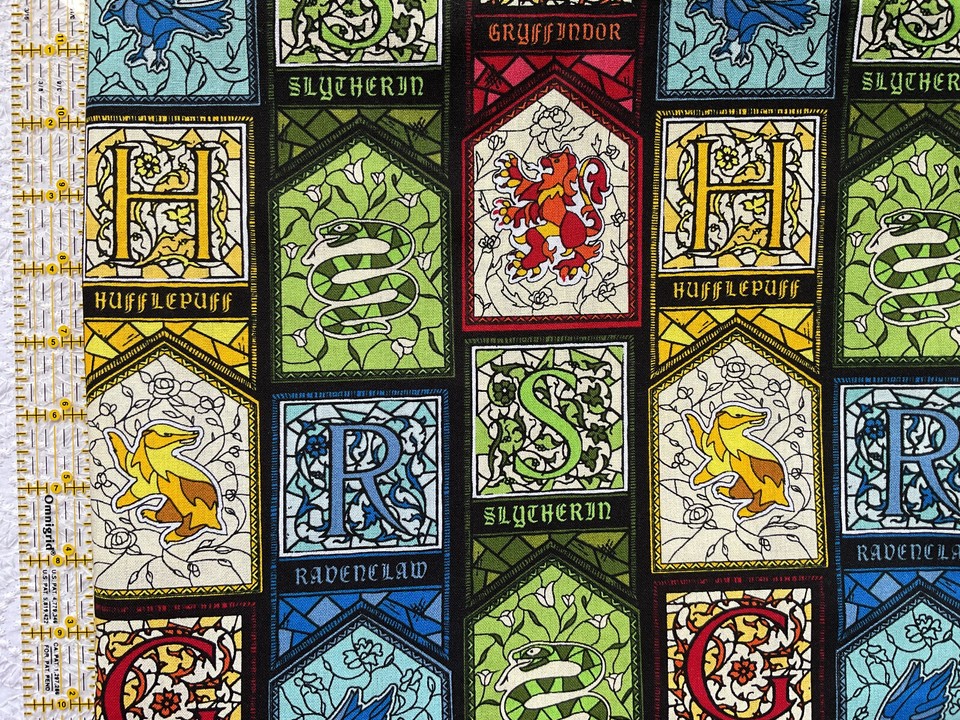 NEW & HTF Camelot Fabrics Hogwarts HARRY POTTER STAINED GLASS HOUSE ...