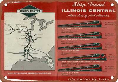METAL SIGN - Illinois Central Railroad Streamliners & Map - Vintage ...