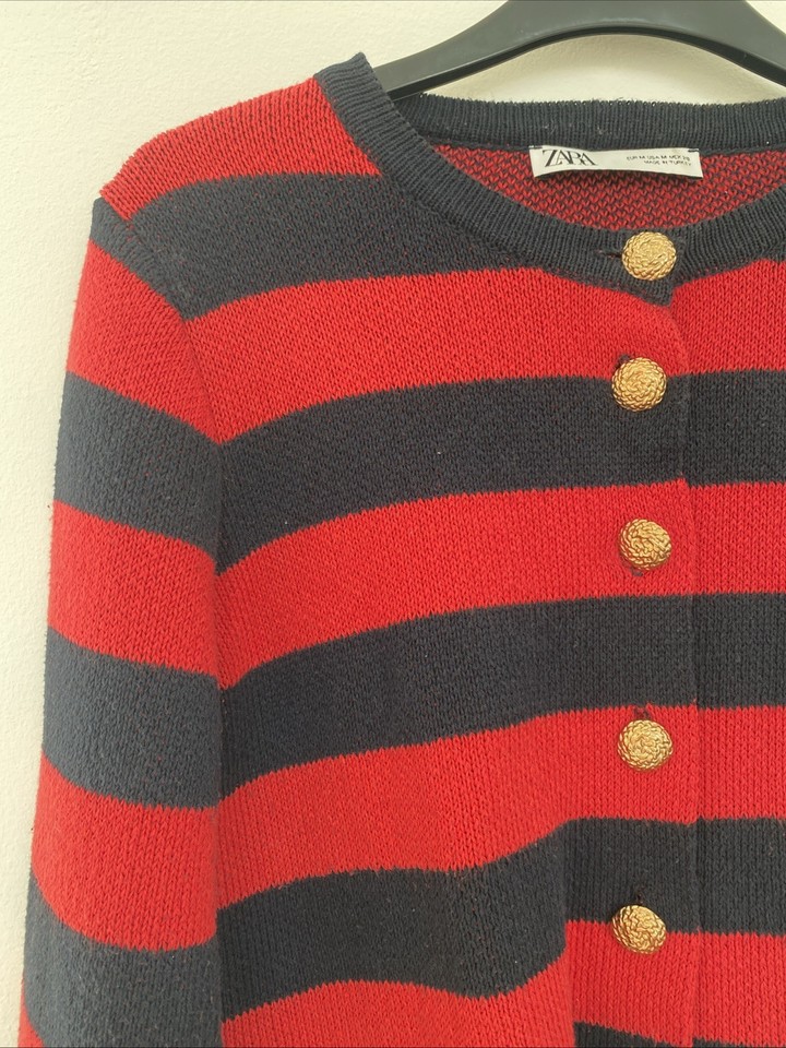 Zara Cropped Cardigan Size Medium Navy & Red Stripes Long Sleeve Gold ...