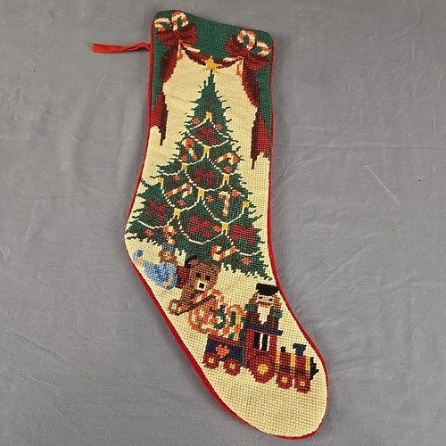 Vintage Handmade Needlepoint Beaded Christmas Tree Toys Train Bear ...