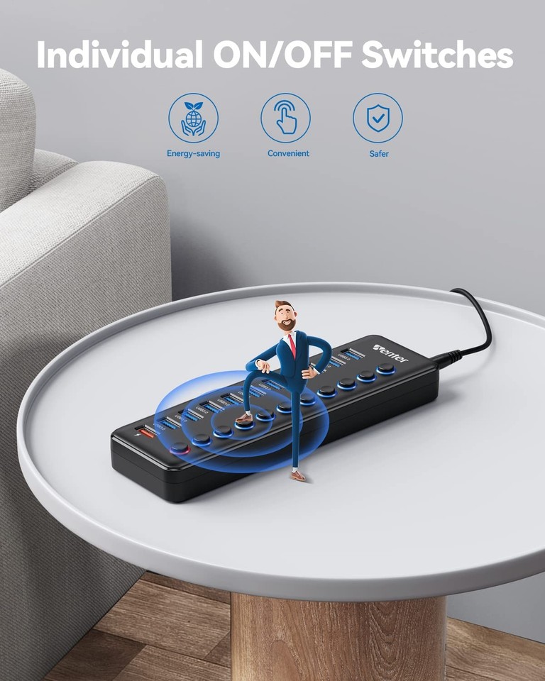 Powered USB Hub, Wenter 11-Port USB Splitter Hub 10 Faster Data ...
