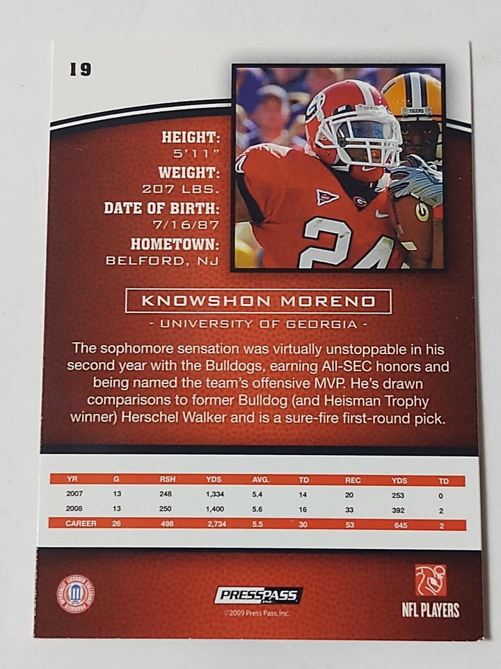 2009 PRESS PASS KNOWSHON MORENO CARD #19 RC ROOKIE $0.99 VALUE BOX | eBay